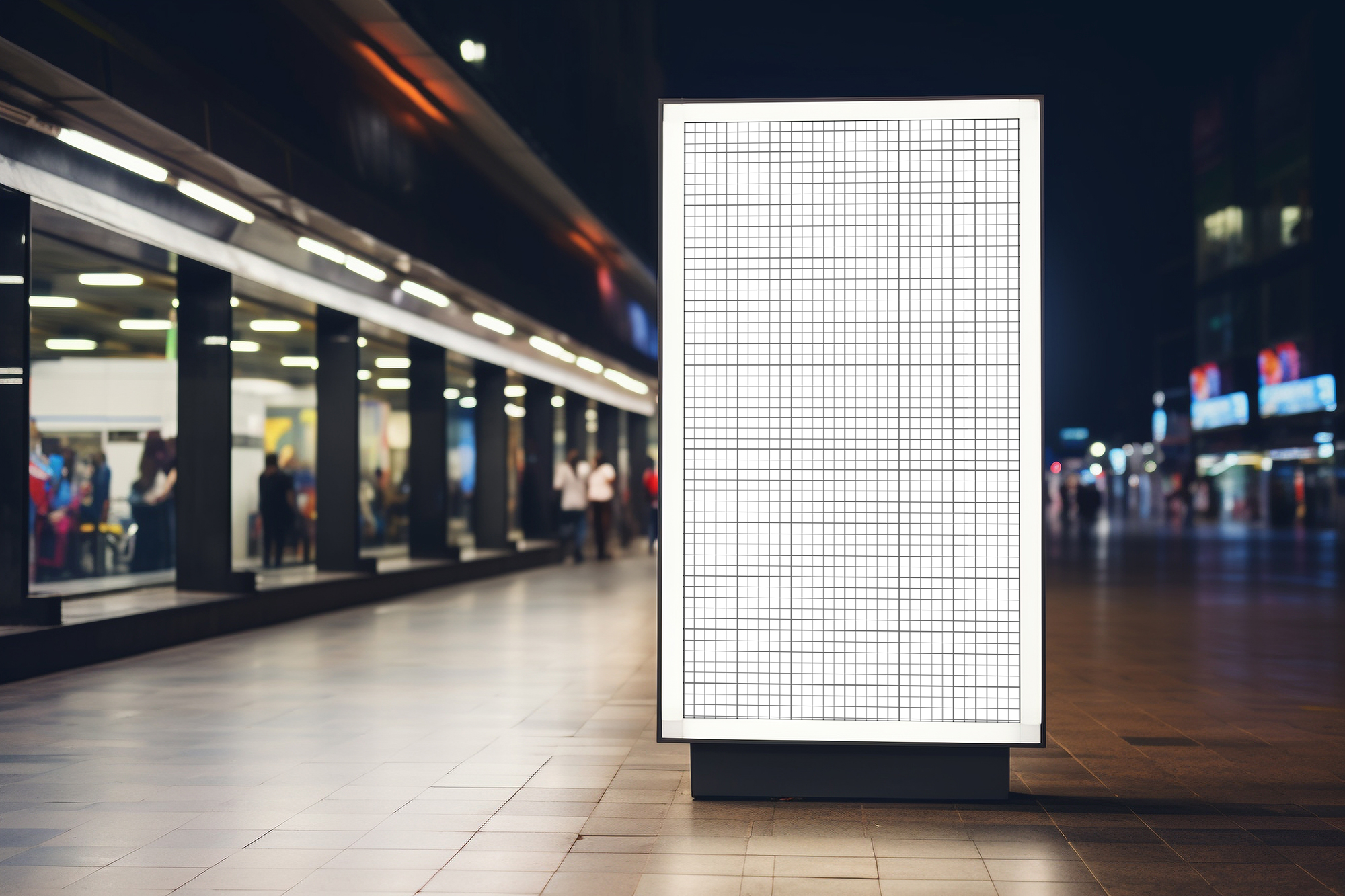 Vertical Billboard PSD Mockup: Nighttime Sidewalk Scene - Mockup Daddy